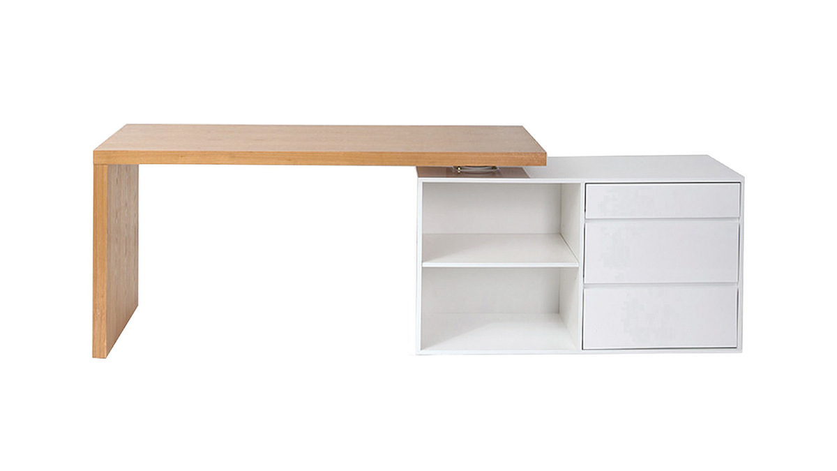 Bureau modulable design blanc brillant et bois clair frêne L160-235 cm ...