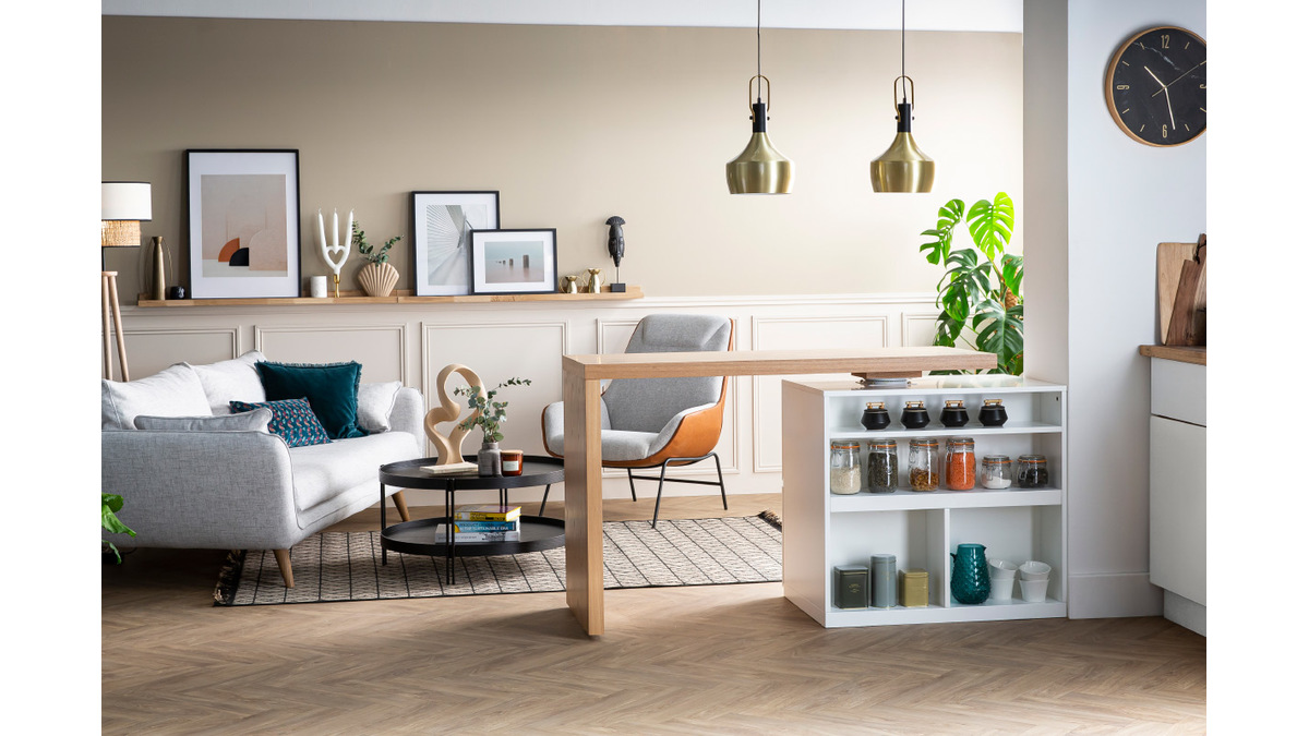 îlot - table de bar modulable avec rangement blanc mat et chêne L140 ...